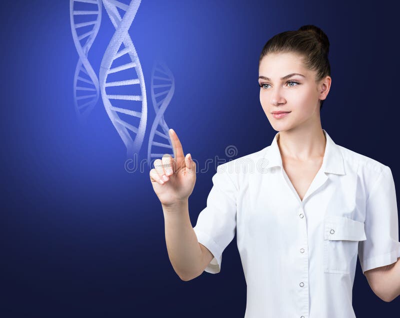 Woman Science Technologist Touches DNA Stems. Stock Photo - Image of ...