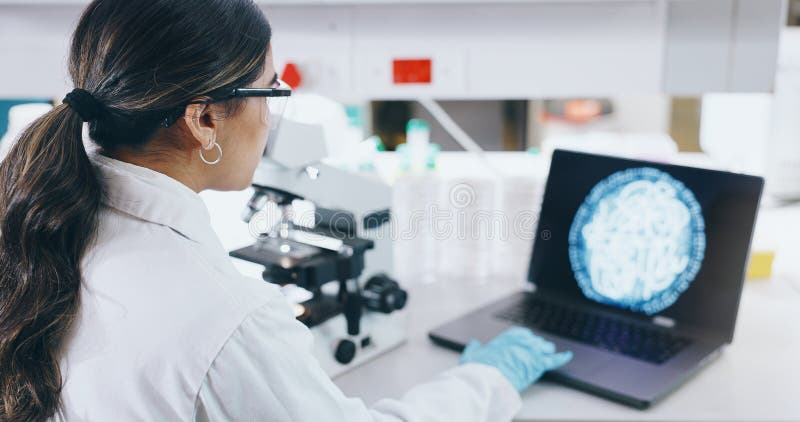 Woman, Scientist and Laptop with Microscope in Lab, Microbiology and ...