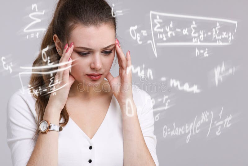 Woman Scientist or Student Working with Various High School Maths and ...