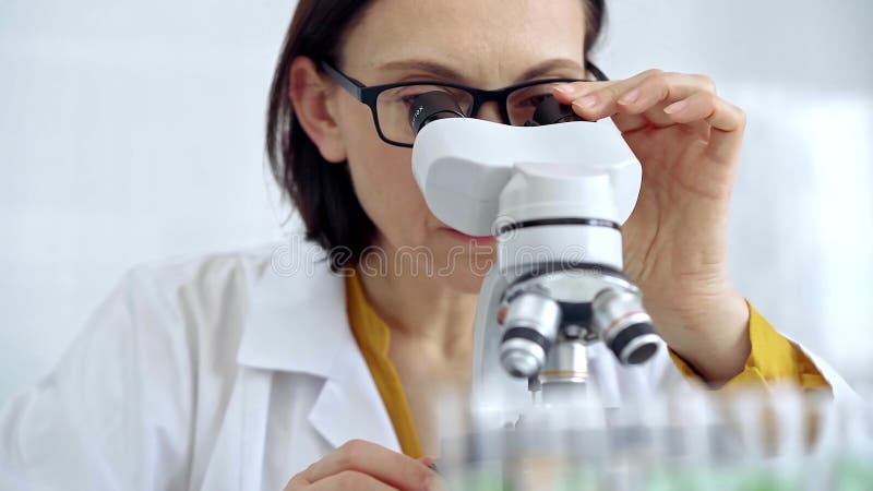 Woman Scientist Using Microscope in Laboratory. Microbiology Science ...