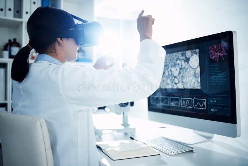 Woman, Scientist and VR Goggles with Metaverse, Computer Screen with ...