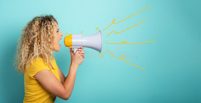 Woman Screams with Loudspeaker. Angry Expression. Cyan Background Stock ...