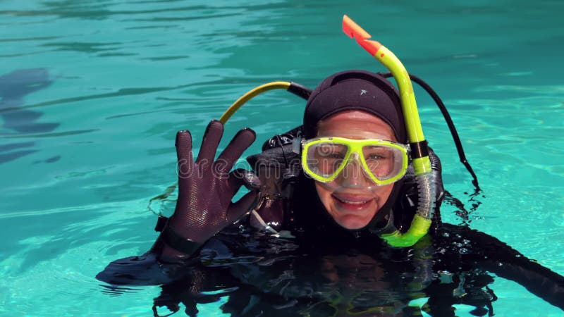 Woman in Scuba Diving Doing Ok Sign Stock Footage - Video of pool ...