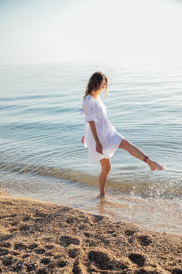 A Woman by the Sea Walk Rest Beach Summer Stock Photo - Image of ...