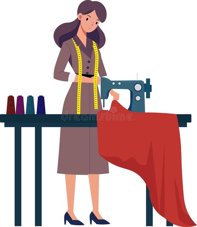 Woman, Seamstress Illustration, Flat Style, with Sewing Machine and ...