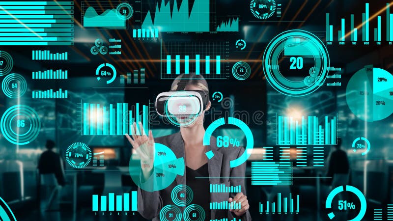 Woman Searching Coding Program of Finance Data by VR Data Center ...