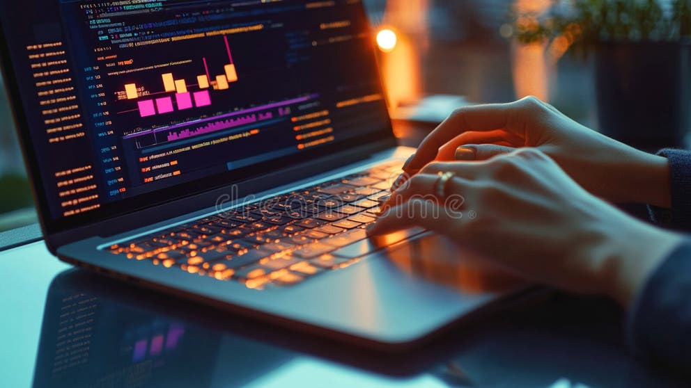 Female Hacker Woman Typing on a Laptop Notebook Keyboard Accessing the Dark Web Internet Network ...