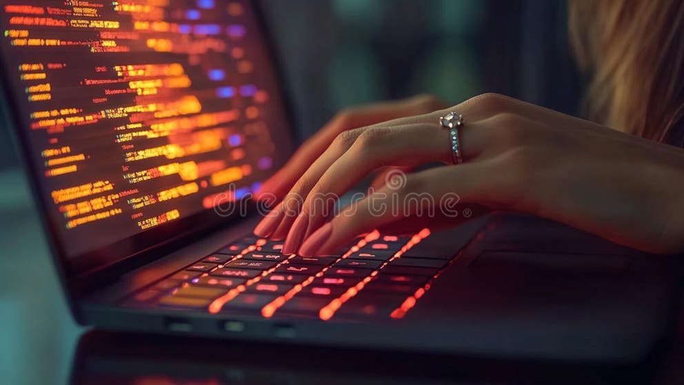 Female Hacker Woman Typing on a Laptop Notebook Keyboard Accessing the Dark Web Internet Network ...