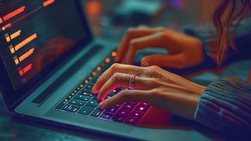 Female Hacker Woman Typing on a Laptop Notebook Keyboard Accessing the Dark Web Internet Network ...