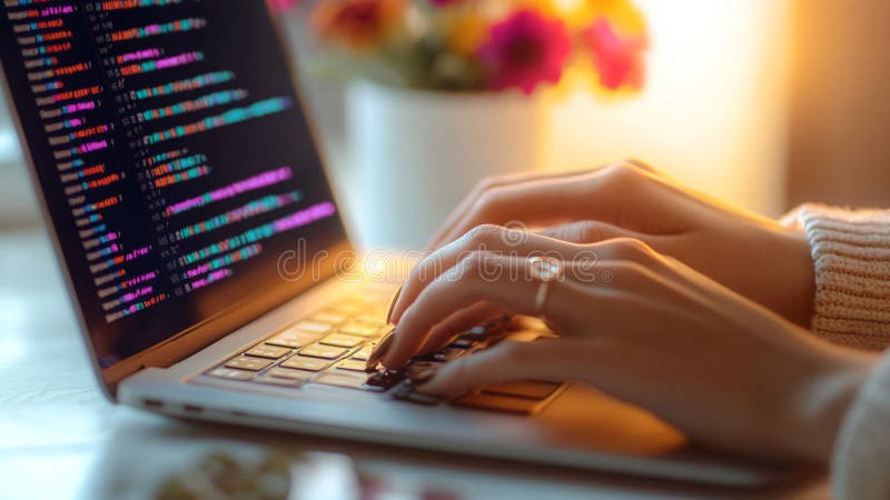 Female Hacker Woman Typing on a Laptop Notebook Keyboard Accessing the Dark Web Internet Network ...