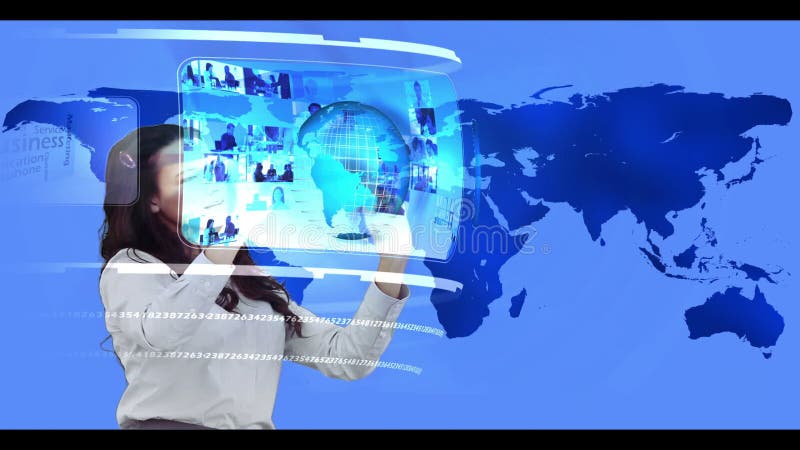 Woman Searching through Interactive Media Library on World Map ...