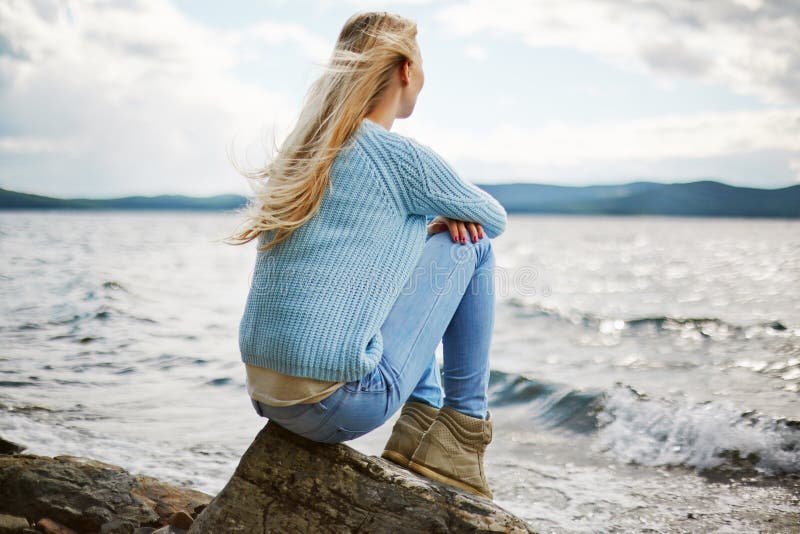 Woman on seaside stock photo. Image of stone, view, outdoors - 75984896