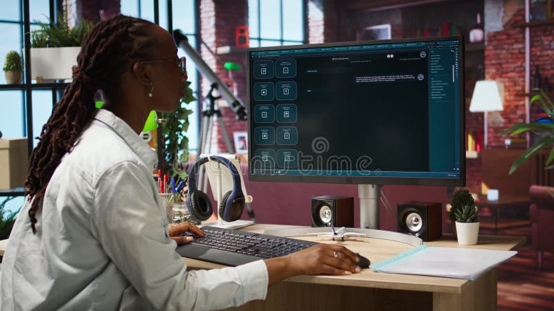 Woman Seated at Desk Using AI LLM Chatbot Software in Modern Urban Home ...