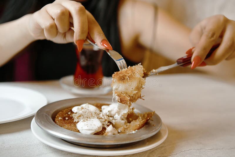 Woman Eating a Slice of Pie with a Fork Stock Photo - Image of savor ...