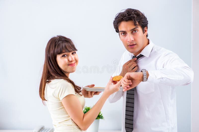 The Woman Sees Her Husband Off To Work Stock Image - Image of hand ...