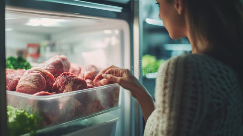 Woman Selecting Fresh Meat from Refrigerator while Preparing for Meal ... Woman Selecting Fresh Meat from Refrigerator while Preparing for Meal ...