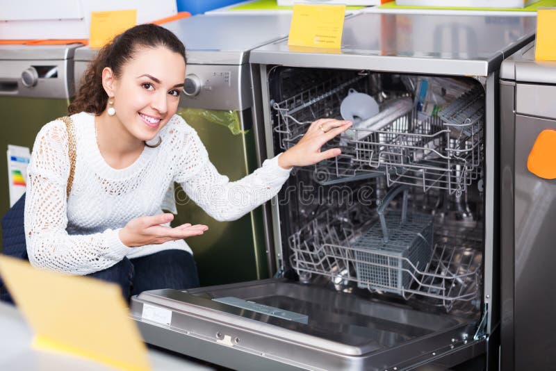 Woman Selecting Modern Dishwasher Stock Image - Image of hypermarket ...