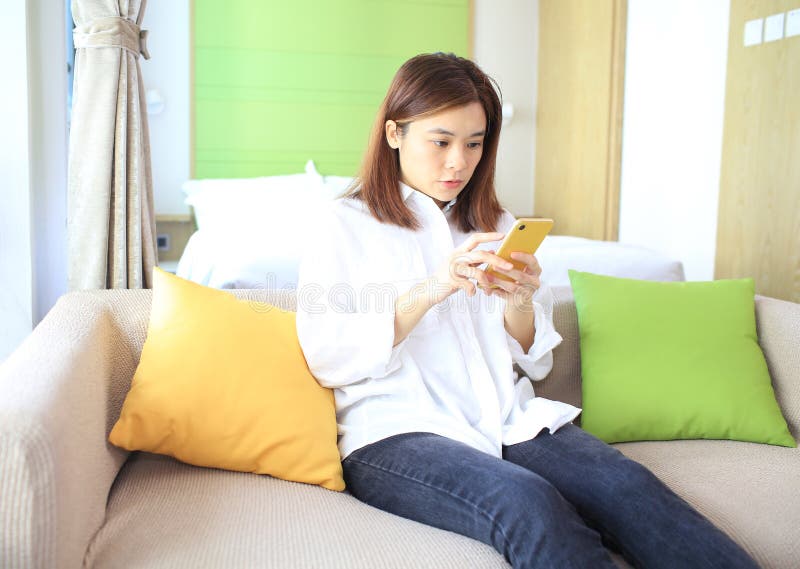 Woman Send the Message Via Phone Stock Image - Image of asian, portrait ...
