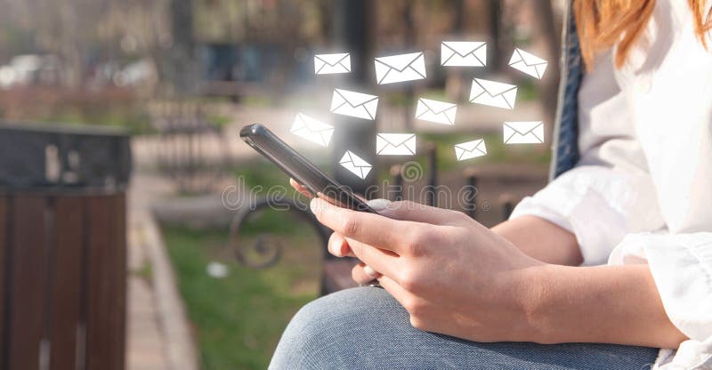 Woman Sending Email by Smartphone Stock Photo - Image of icon, device ...