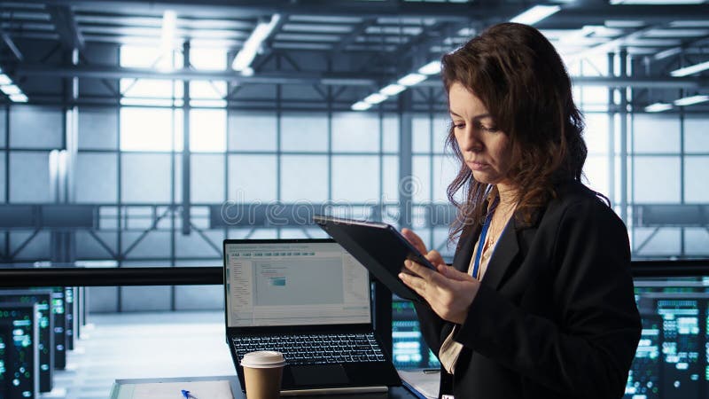 Woman in Server Farm Coding on Notebook, Enjoying Beverages Stock Image - Image of optimizing ...