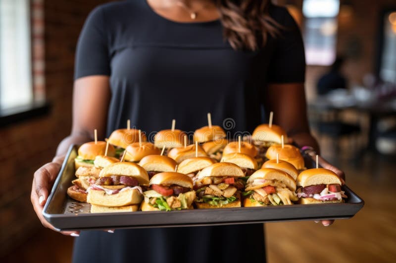 Woman Serving Tray of Bbq Sliders Stock Photo - Image of appetizer ...