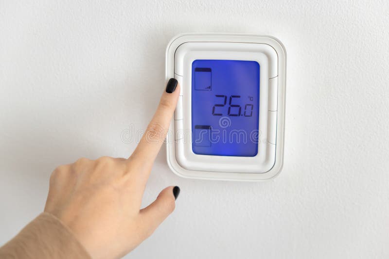 Woman Setting Comfortable Air Temperature at Home Stock Image - Image ...