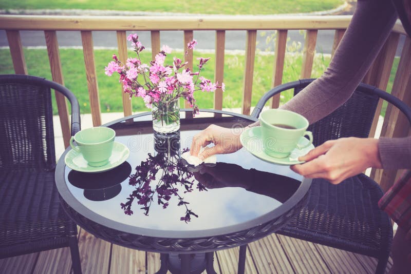 Woman Setting Table for Tea Outside Stock Image - Image of natural ...