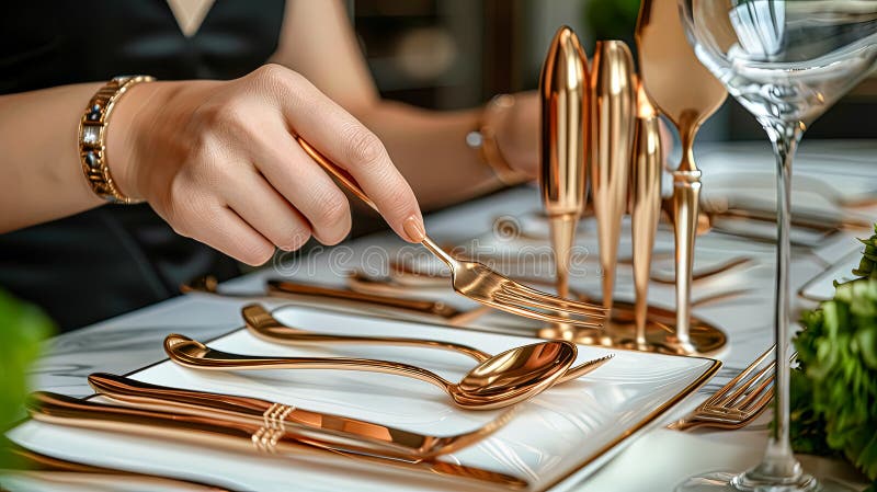 A Woman is Setting a Table with a Variety of Silverware and Wine ...