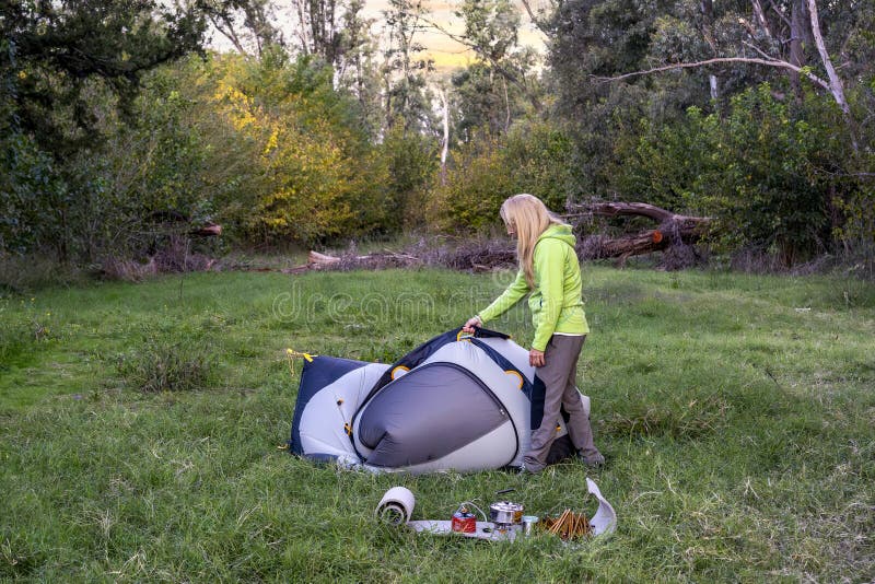 Woman Setting Up Tent in Serene Forest Stock Photo - Image of grass ...