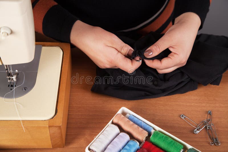 Woman Sews Dress with a Sewing Machine Stock Image - Image of fabric ...