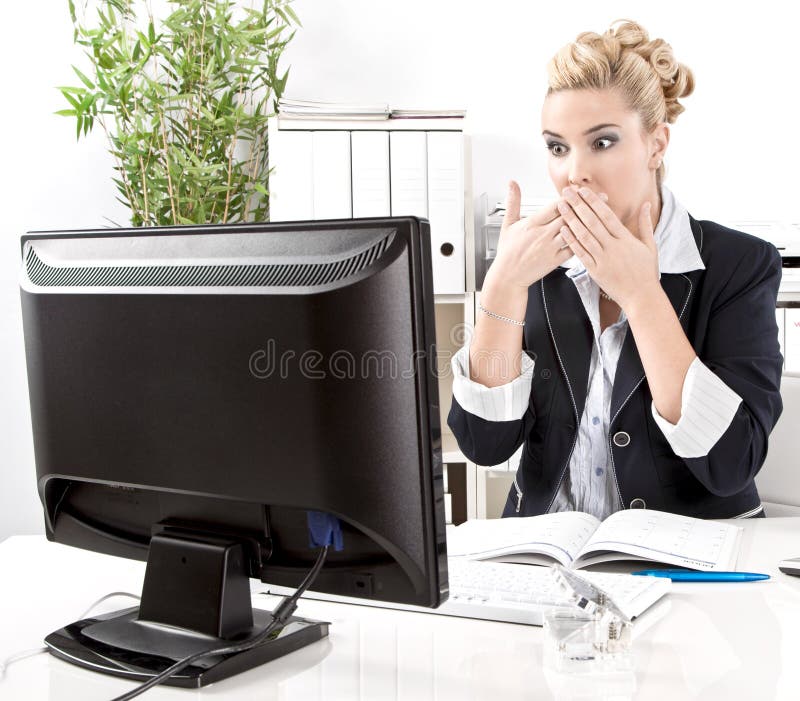 Woman Shocked Computer Crash at Office. Stock Photo - Image of email ...