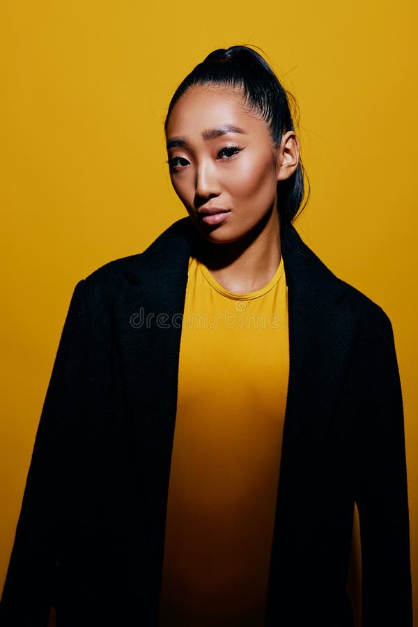 Trendy Woman Yellow Smile Portrait Beauty Hand Surprised Fashion