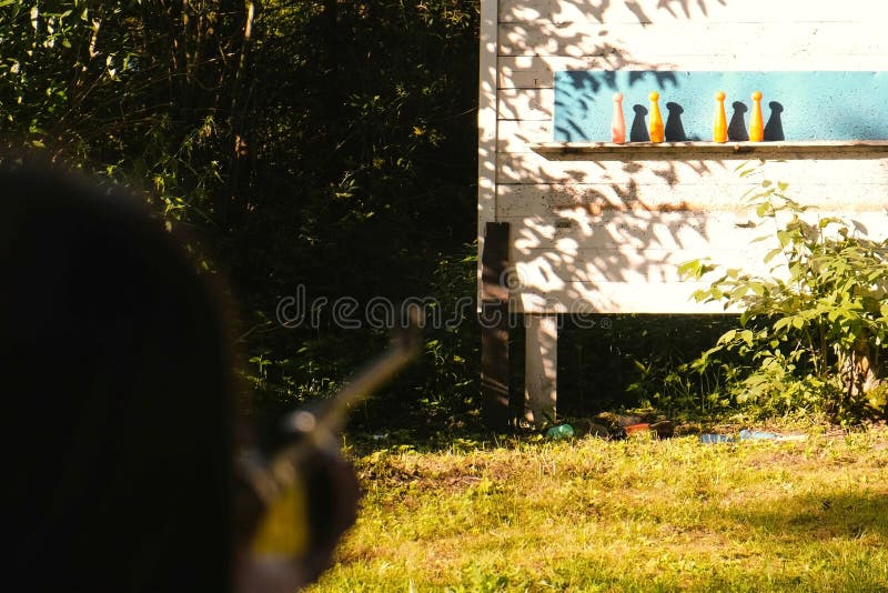 Woman Shoots a Gun and Hits the Target. Back View. Stock Image - Image ...