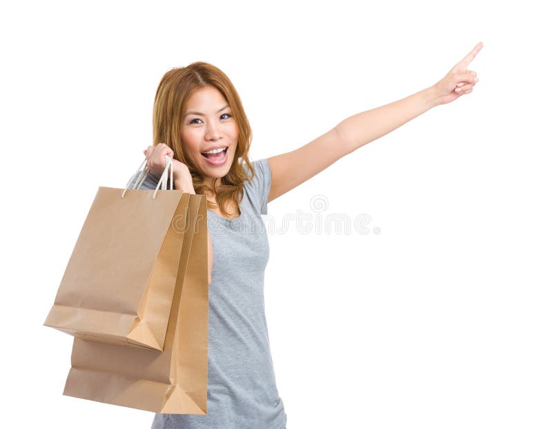 Woman with Shopping Bag and Finger Indicate Direction Stock Image ...