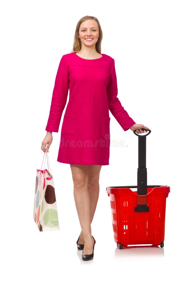 Woman with Shopping Cart Isolated on White Stock Photo - Image of ...