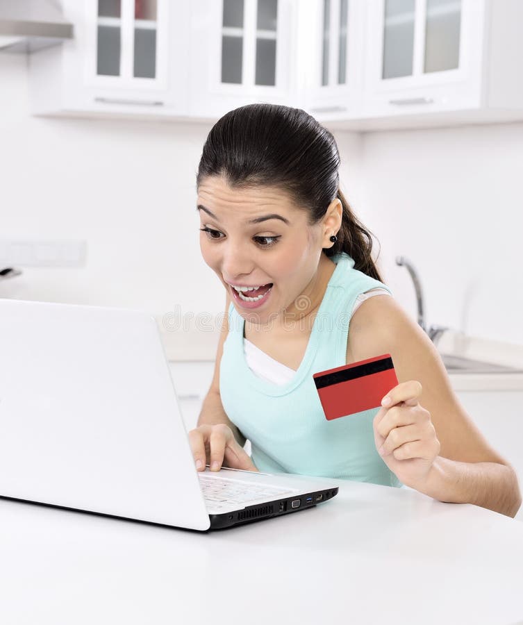 Woman Shopping Online at Home Stock Photo - Image of happiness, credit ...
