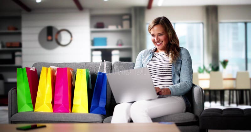 Woman Shopping Online on Laptop Stock Image - Image of house, woman ...