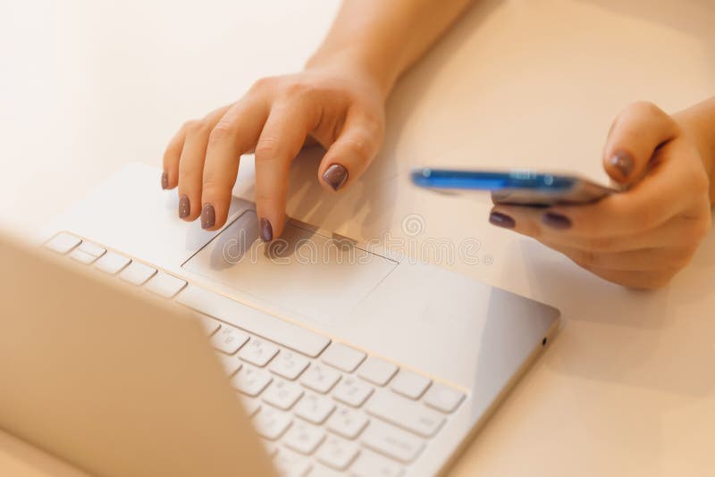 Woman Shopping and Online Payment Using Phone and Notebook Home Kitchen ...