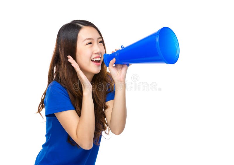 Woman shout with megaphone stock image. Image of navy - 43377601