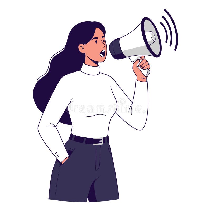 Woman Shouting into Dark Grey Megaphone with Sound Waves Vector ...