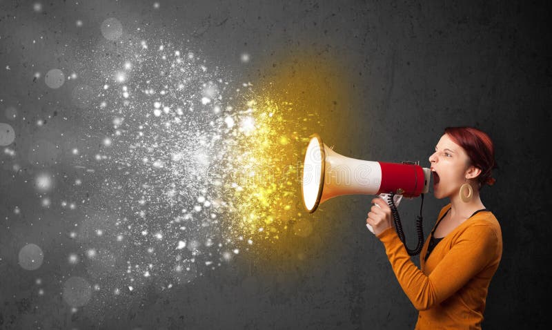 Woman Shouting into Megaphone and Glowing Energy Particles Explo Stock ...