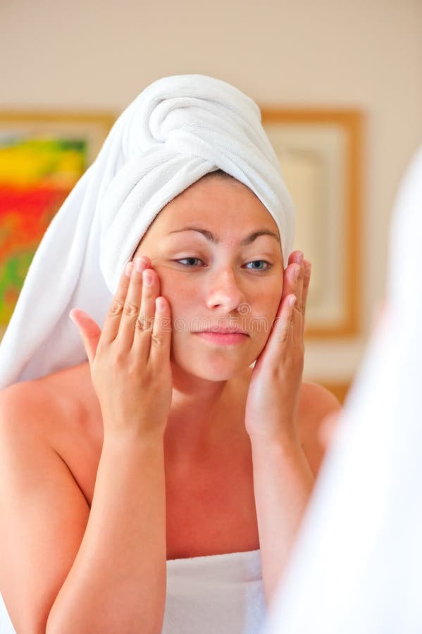 Woman after Shower Gets Cream on Face Stock Photo - Image of hand ...
