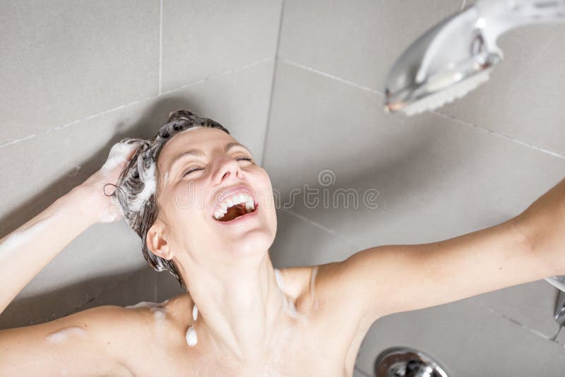 Woman In Shower Washing Hair With Shampoo Stock Image Image Of