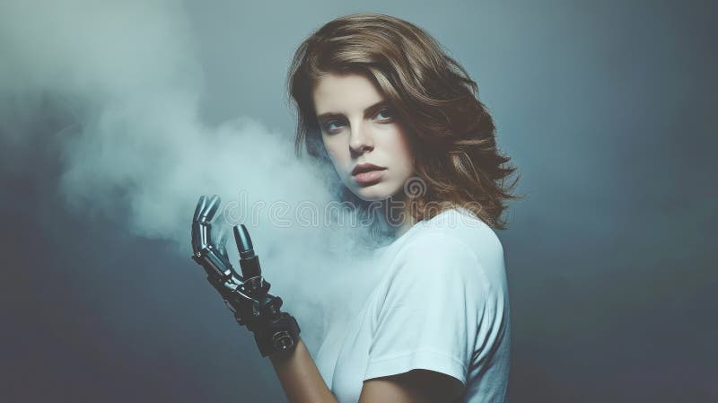Woman Showing Bionic Prosthetic Arm Surrounded by Smoke Stock Image ...