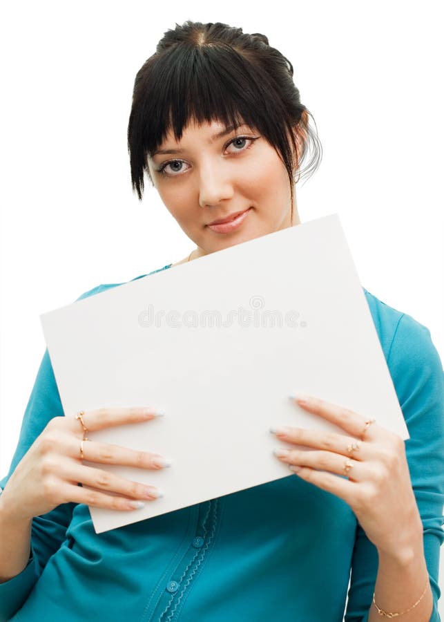 Woman Showing a Blank Sheet of Paper Stock Image - Image of adorable ...