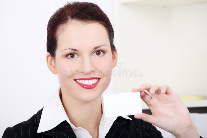 Woman showing card. stock image. Image of presentation - 21890603