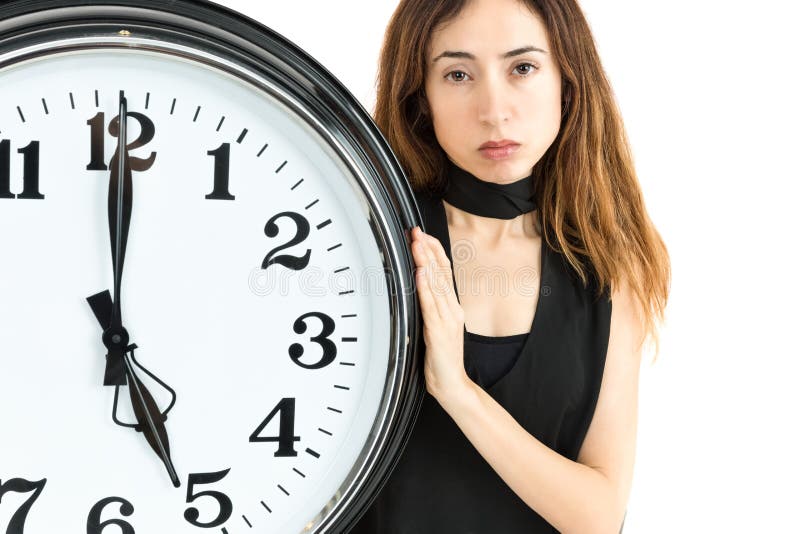 Woman Showing Clock with a Tired Expression Stock Photo - Image of girl ...