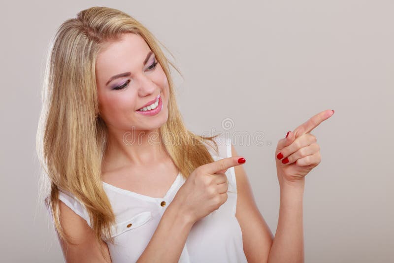 Woman Showing Copy Space Pointing with Finger Stock Image - Image of ...