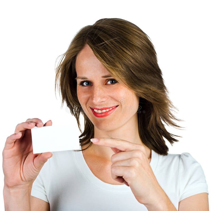 Woman showing empty card stock photo. Image of background - 20777628