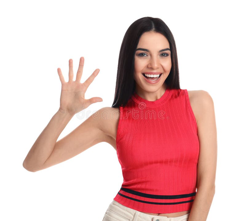 Woman Showing Number Five with Her Hand on White Background Stock Photo ...